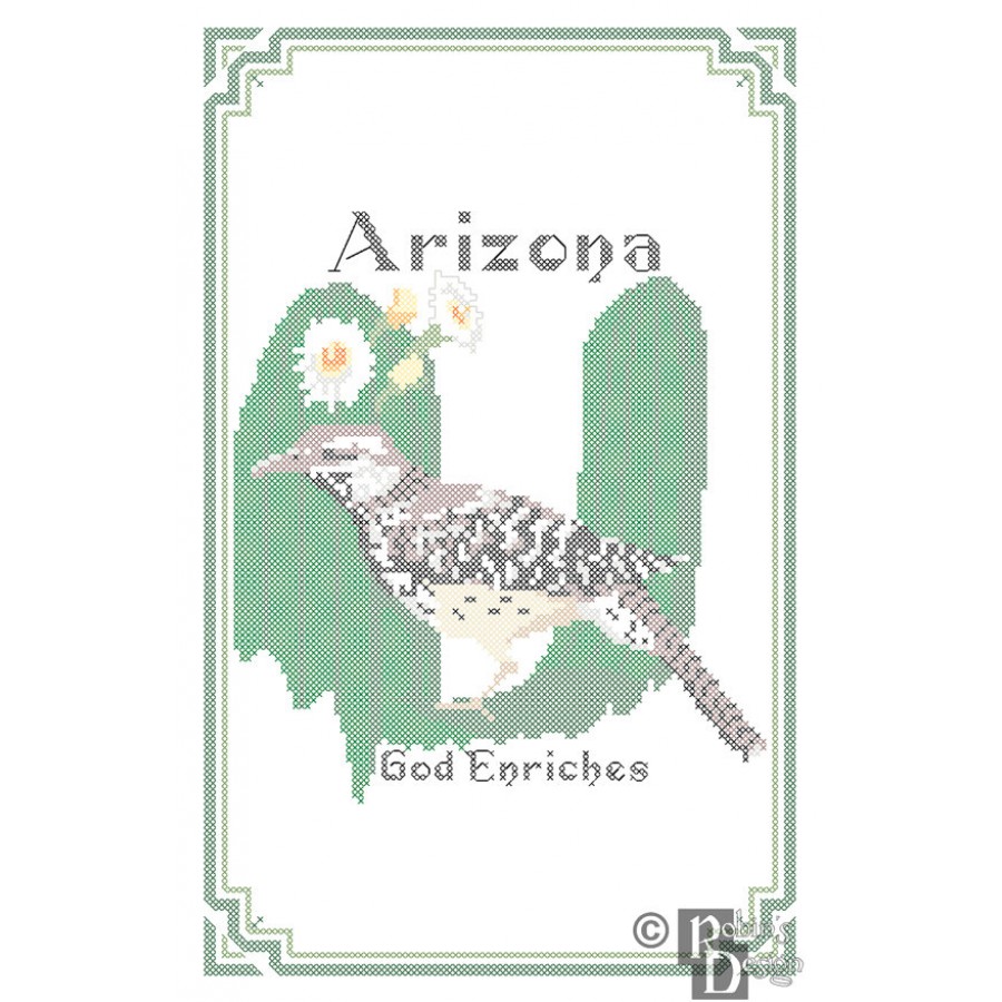 Arizona State Bird, Flower and Motto Cross Stitch Pattern PDF