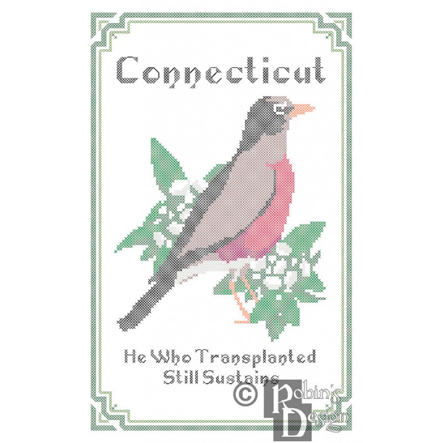 Connecticut State Bird, Flower and Motto Cross Stitch Pattern PDF