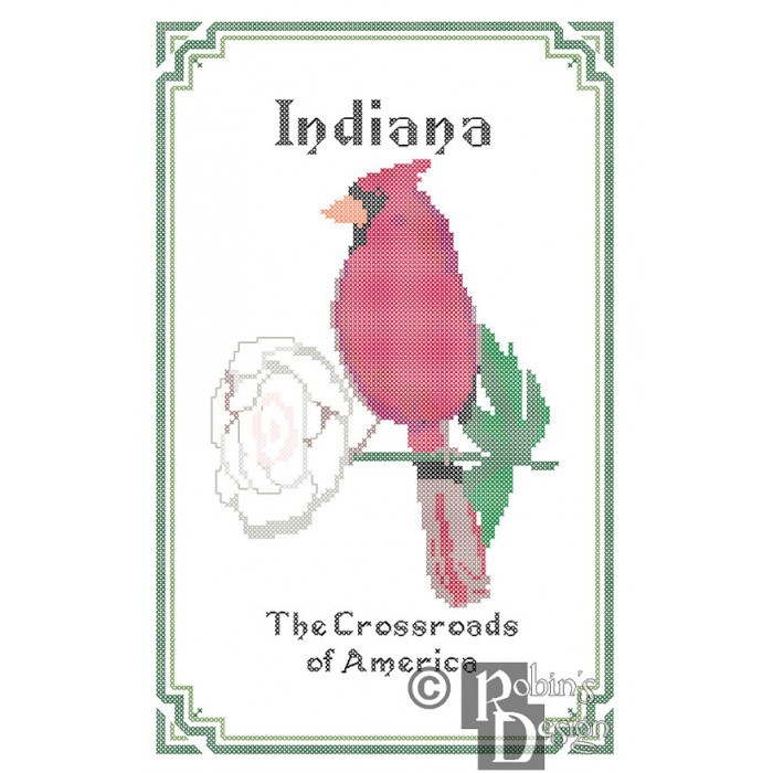 Indiana State Bird, Flower and Motto Cross Stitch Pattern PDF