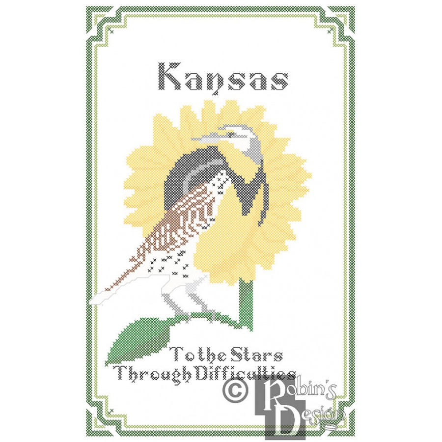 Kansas State Bird, Flower and Motto Cross Stitch Pattern PDF