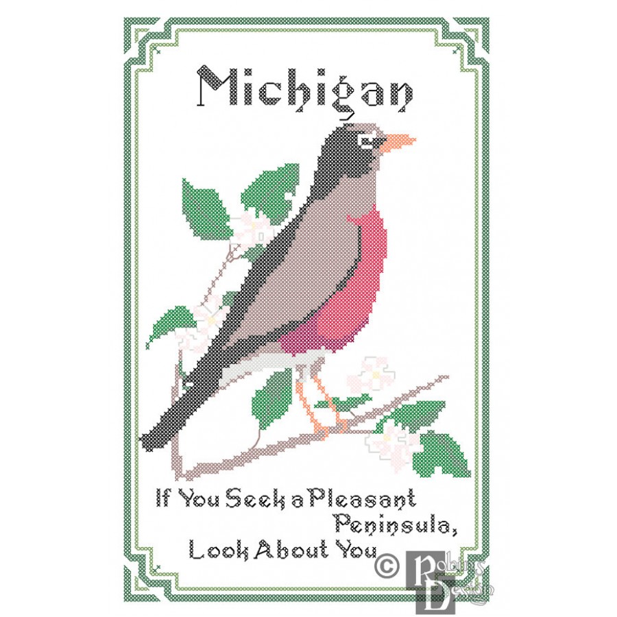 Michigan State Bird, Flower and Motto Cross Stitch Pattern PDF