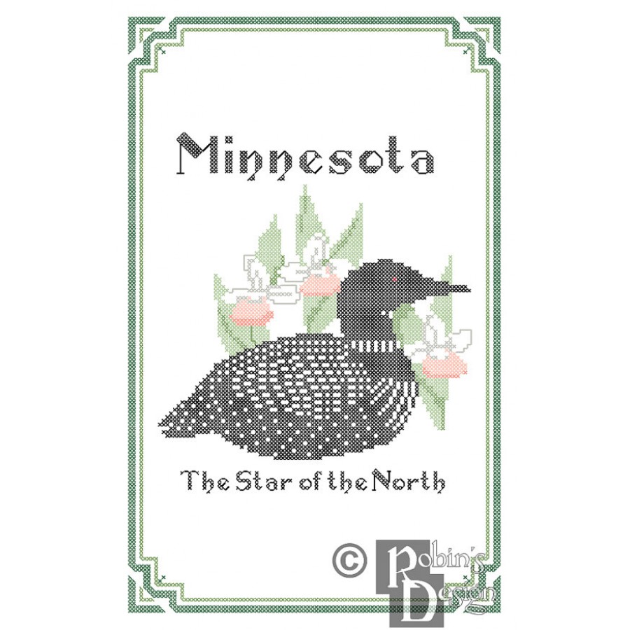 Minnesota State Bird, Flower and Motto Cross Stitch Pattern PDF