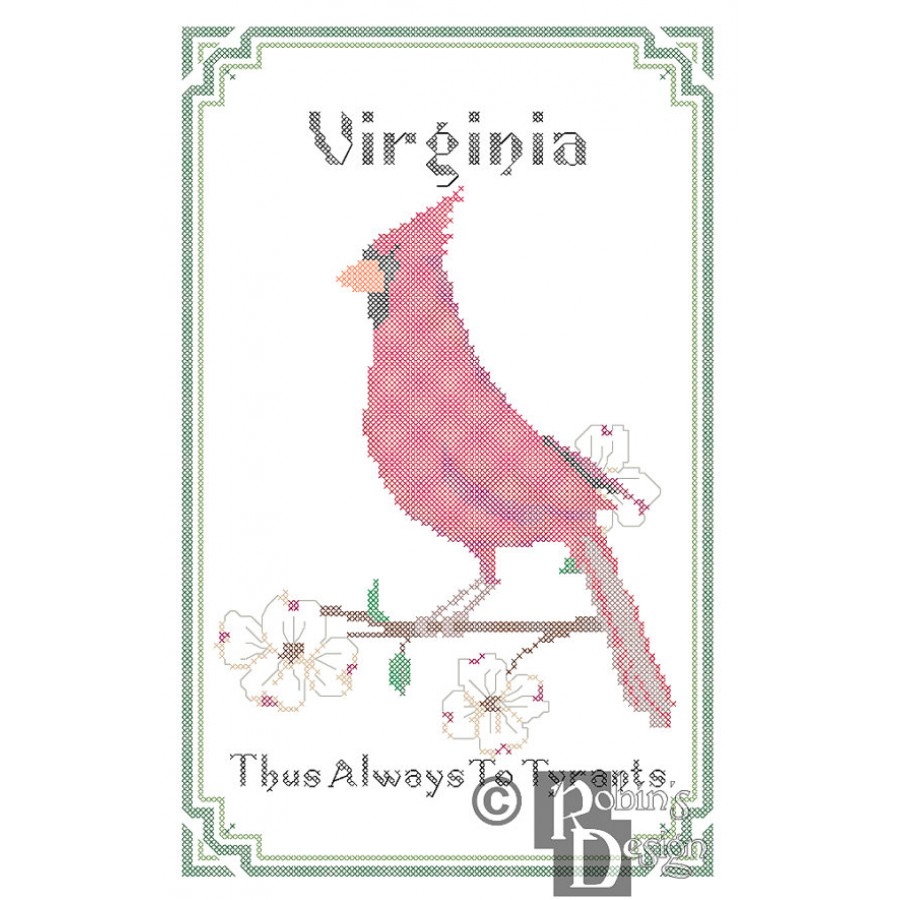 Virginia State Bird, Flower and Motto Cross Stitch Pattern PDF
