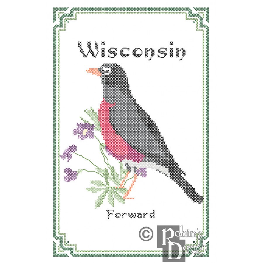 Wisconsin State Bird, Flower and Motto Cross Stitch Pattern PDF